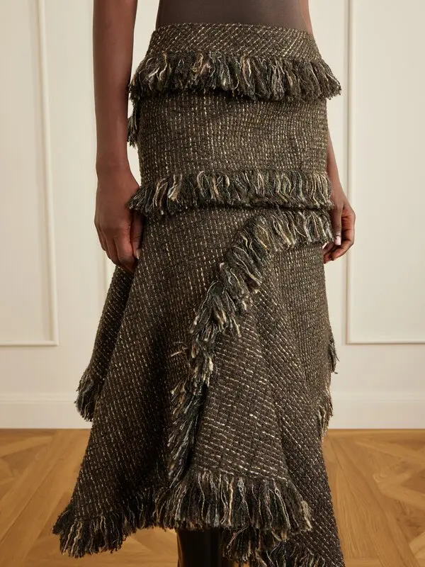 Sacai Fringed Wool-blend Tweed Midi Skirt