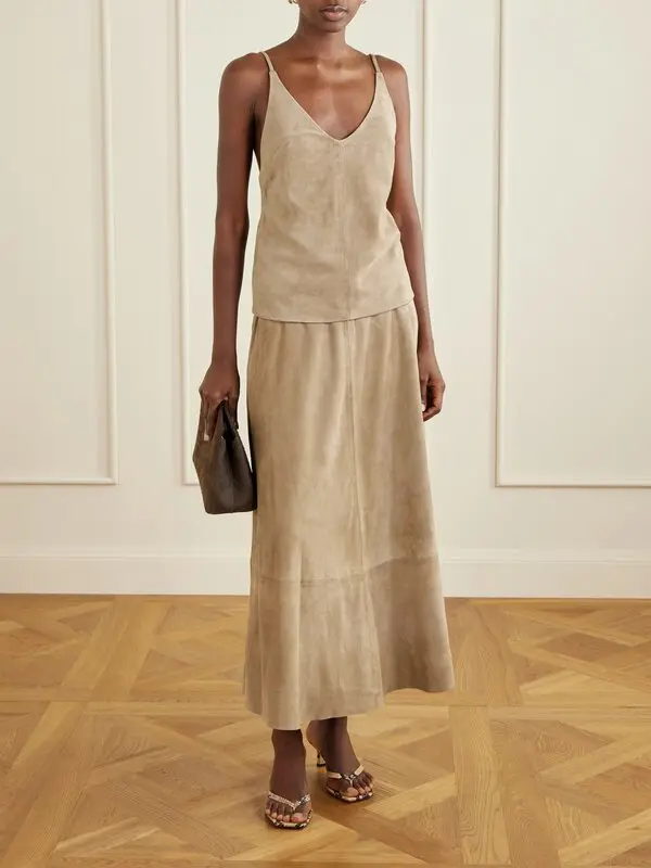 ST. AGNI Paneled Suede Midi Skirt