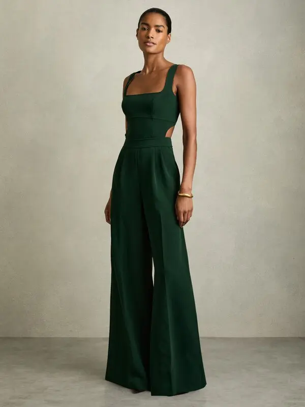 REISS Dion Wide Leg Jumpsuit With Cut-out Detail - Dark Green