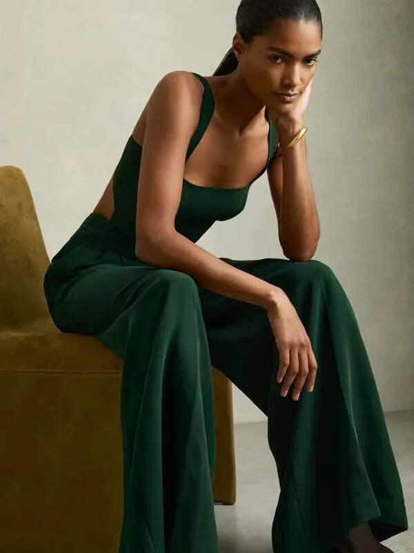 REISS Dion Wide Leg Jumpsuit With Cut-out Detail - Dark Green