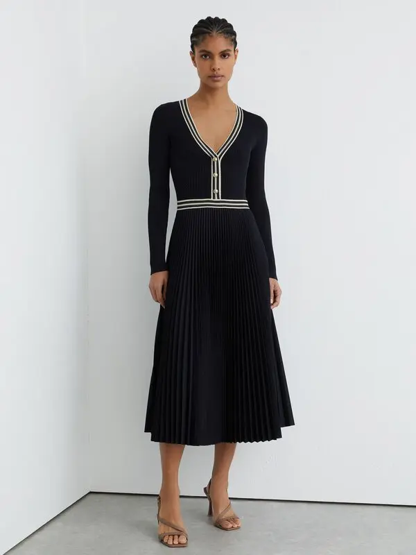 REISS Rib-knit Stripe-trim Midi Dress