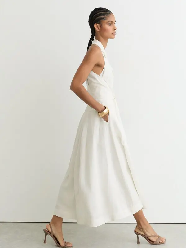 REISS Sleeveless Tie-front Midi Dress With Linen - Cream