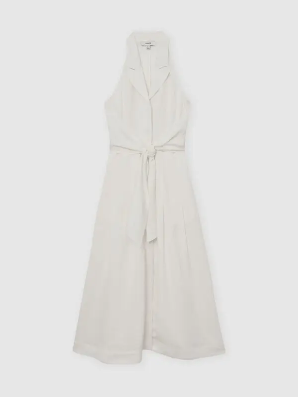 REISS Sleeveless Tie-front Midi Dress With Linen - Cream