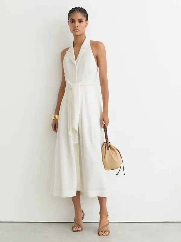 REISS Sleeveless Tie-front Midi Dress With Linen - Cream