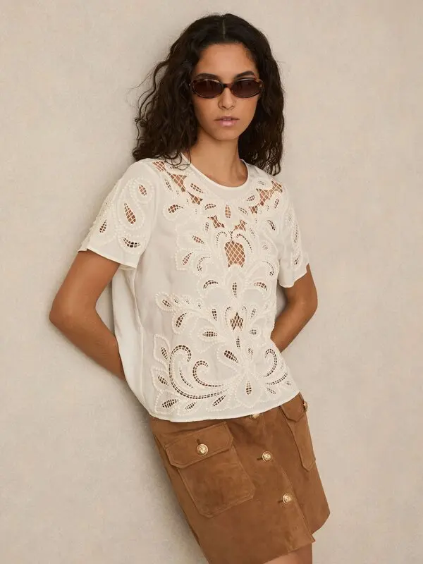 REISS Floral Cut-out Embroidery Top - Ivory