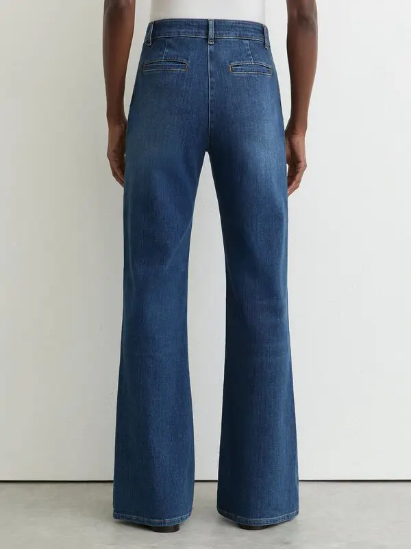 REISS Petite Pintuck-detail Flared Jeans - Mid Blue