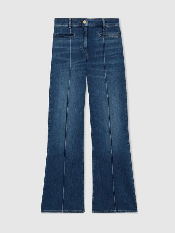 REISS Petite Pintuck-detail Flared Jeans - Mid Blue