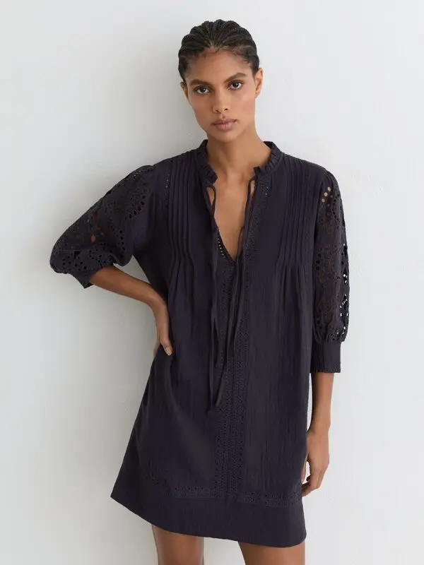 REISS Cotton Cheesecloth Broderie Mini Dress