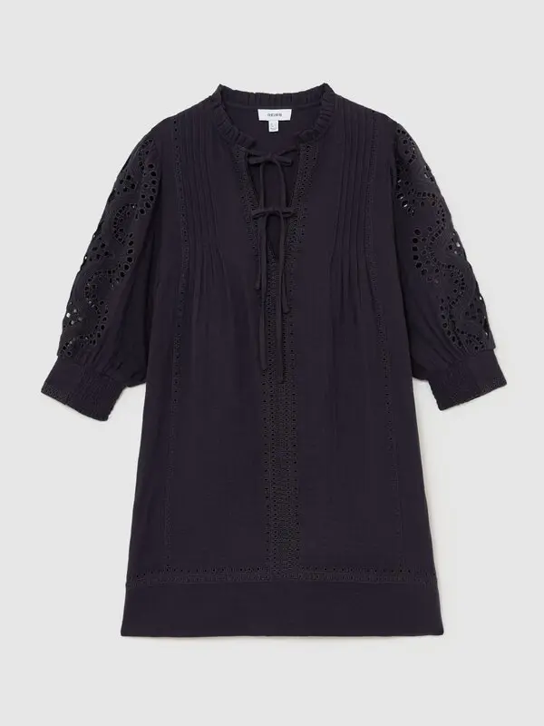 REISS Cotton Cheesecloth Broderie Mini Dress