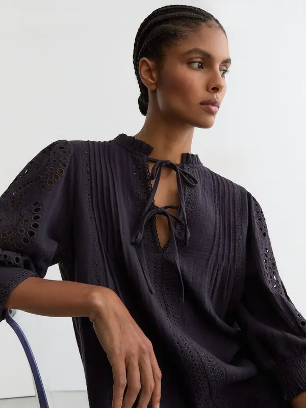 REISS Cotton Cheesecloth Broderie Mini Dress