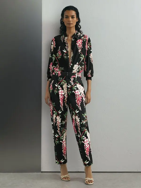 ATELIER Cotton Floral-print Tapered Trousers - Black