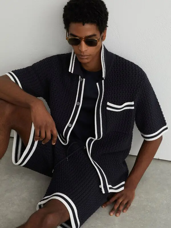 REISS Cotton Crochet Button-through Shirt - Navy