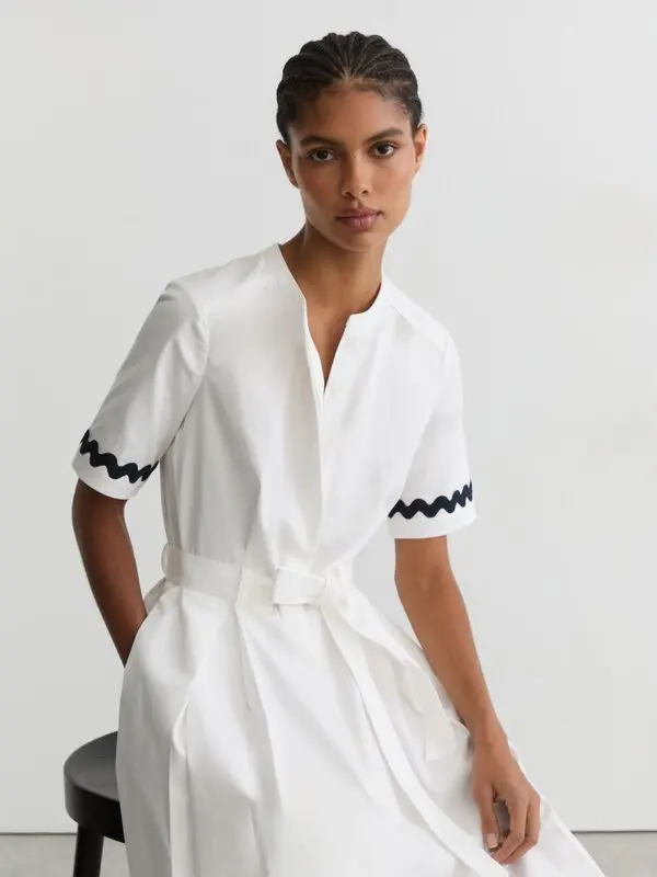 REISS Isabelle Stretch-cotton Midi Dress With Wave Trim - Cream/navy