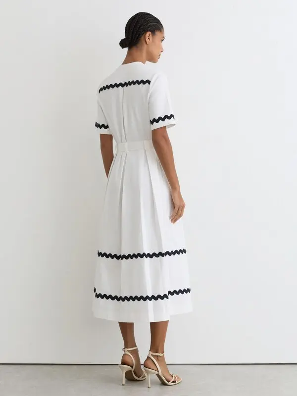 REISS Isabelle Stretch-cotton Midi Dress With Wave Trim - Cream/navy