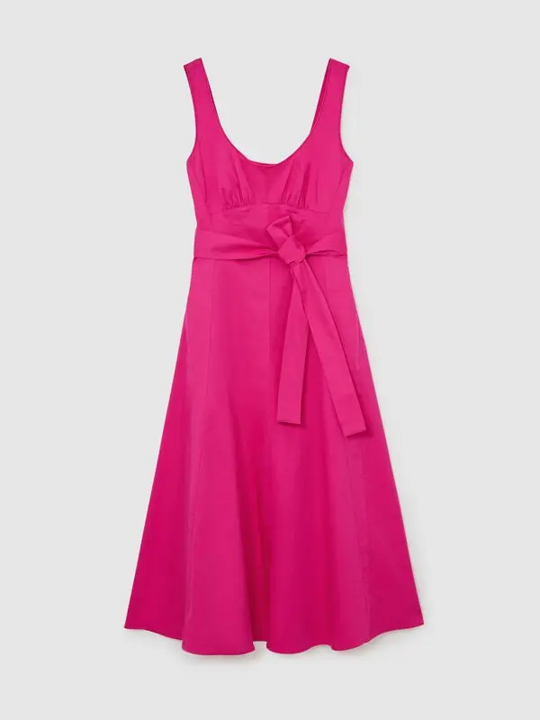 REISS Cotton Belted Midi Dress With Stretch - Pink