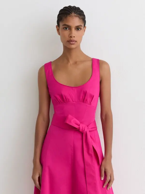 REISS Cotton Belted Midi Dress With Stretch - Pink