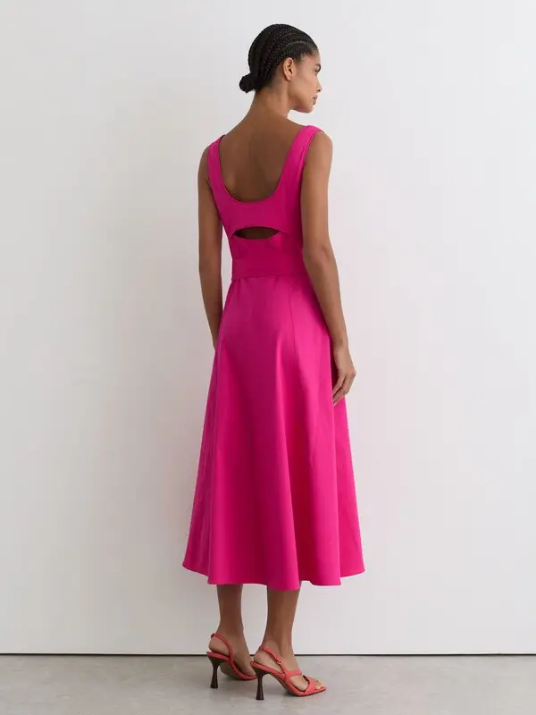 REISS Cotton Belted Midi Dress With Stretch - Pink