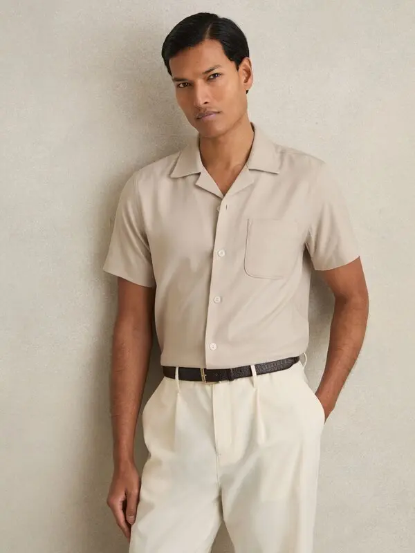 REISS Herringbone Twill Cuban Collar Short Sleeve Shirt