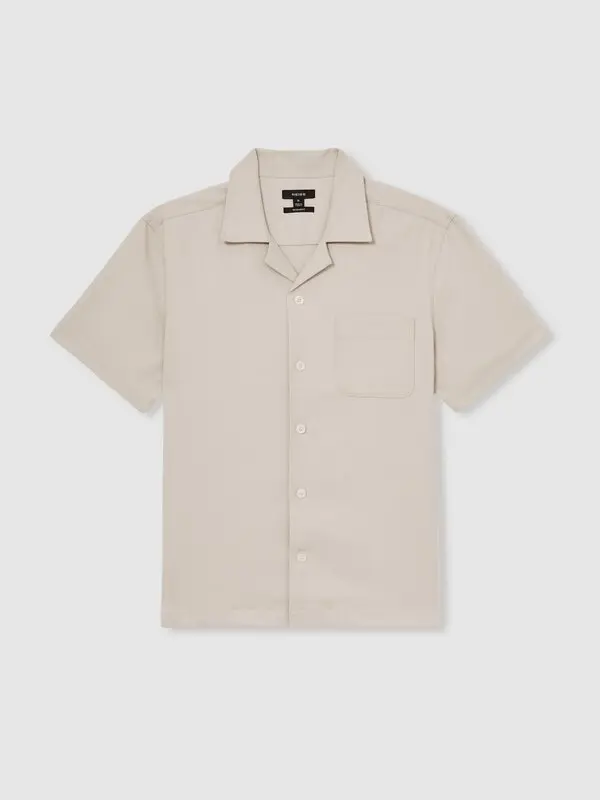 REISS Herringbone Twill Cuban Collar Short Sleeve Shirt