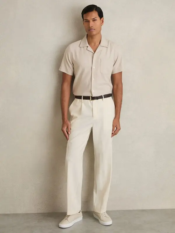 REISS Herringbone Twill Cuban Collar Short Sleeve Shirt