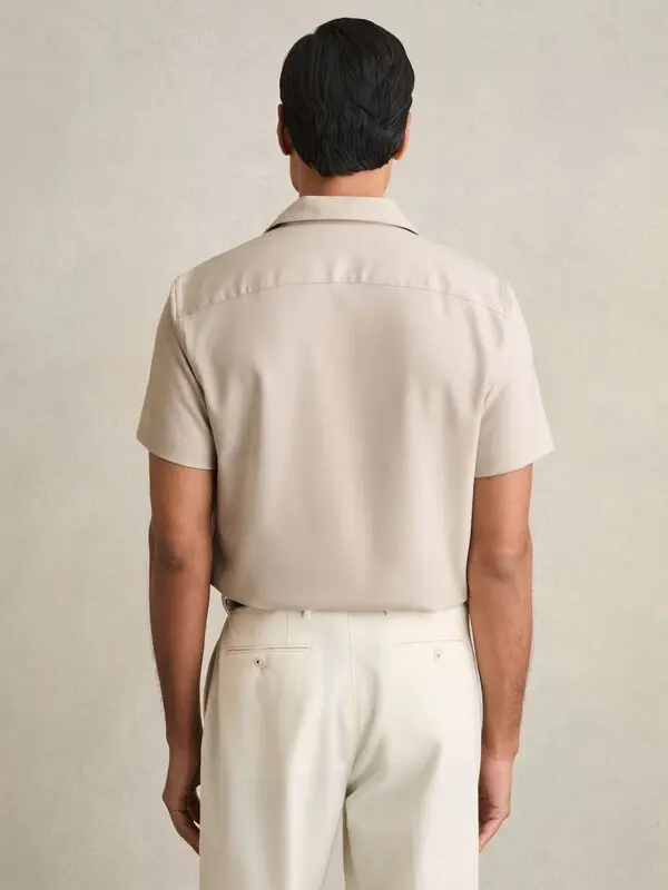 REISS Herringbone Twill Cuban Collar Short Sleeve Shirt