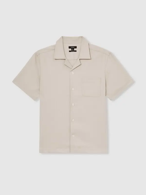 REISS Herringbone Twill Cuban Collar Short Sleeve Shirt - Stone