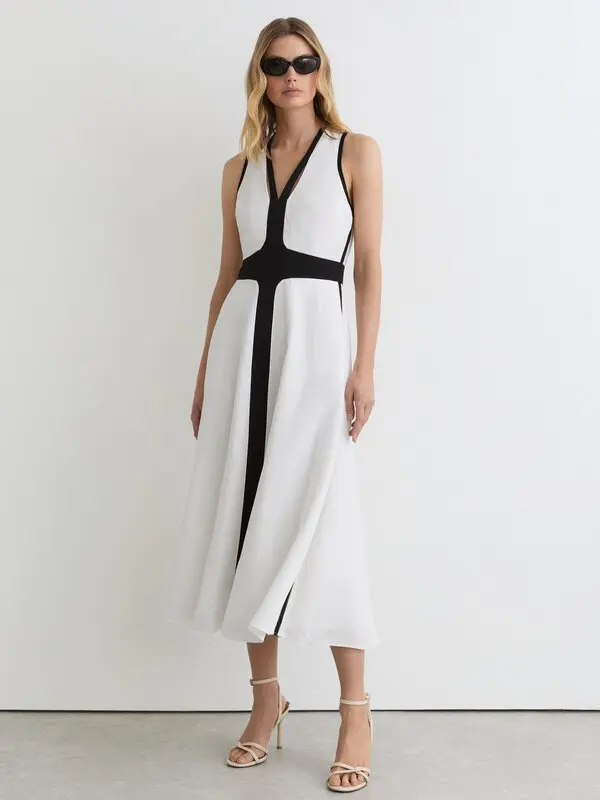 REISS Nova Contrast-trim Midi Dress - Ivory/black
