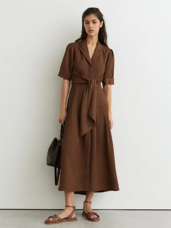REISS Tessera Short-sleeve Belted Midi Dress With Linen - Rust Orange