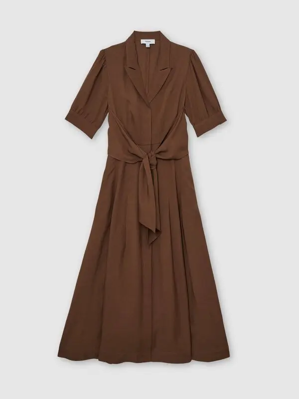 REISS Tessera Short-sleeve Belted Midi Dress With Linen - Rust Orange