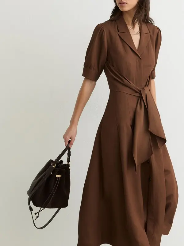 REISS Tessera Short-sleeve Belted Midi Dress With Linen - Rust Orange