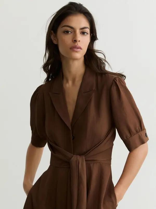 REISS Tessera Short-sleeve Belted Midi Dress With Linen - Rust Orange