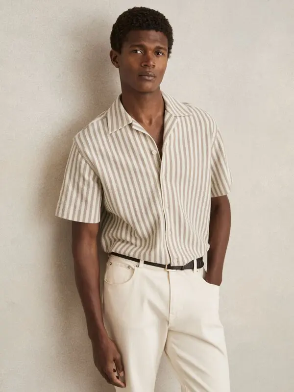REISS Stone & White Textured Stripe Cuban-collar Shirt
