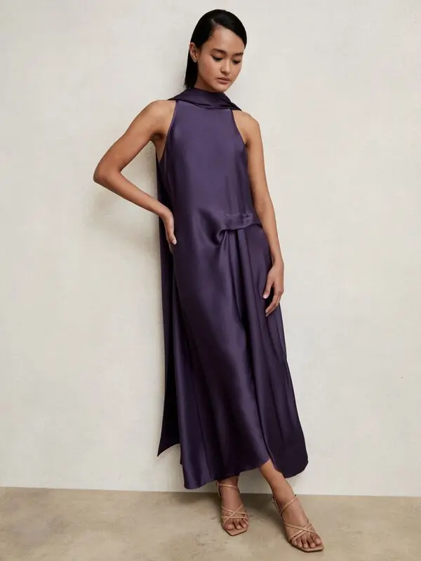 REISS Satin Tuck-detail Cape Midi Dress