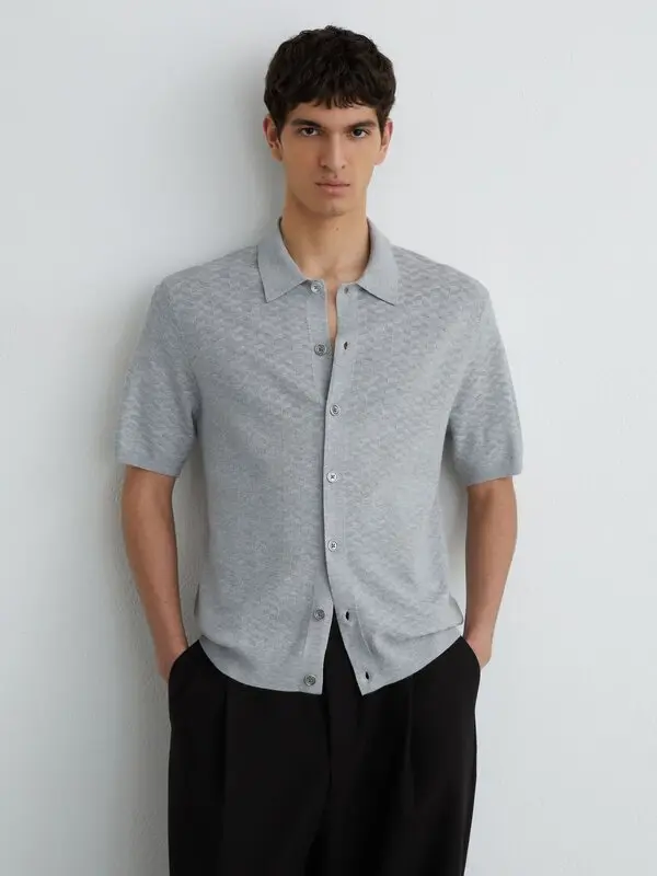 REISS Textured-knit Button-through Shirt - Soft Grey