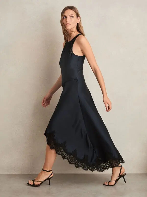 REISS Satin Drape Lace-trim Midi Dress - Navy