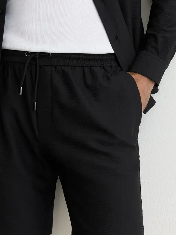 REISS Ajay Seersucker Drawstring Shorts - Black