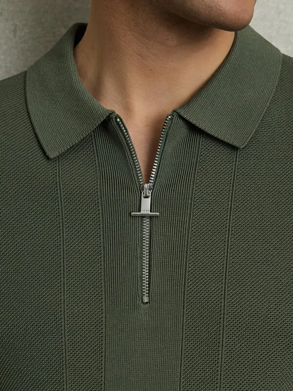 REISS Half-zip Textured-knit Polo Shirt - Green
