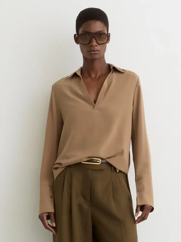 REISS Matte-silk Open-collar Blouse - Camel