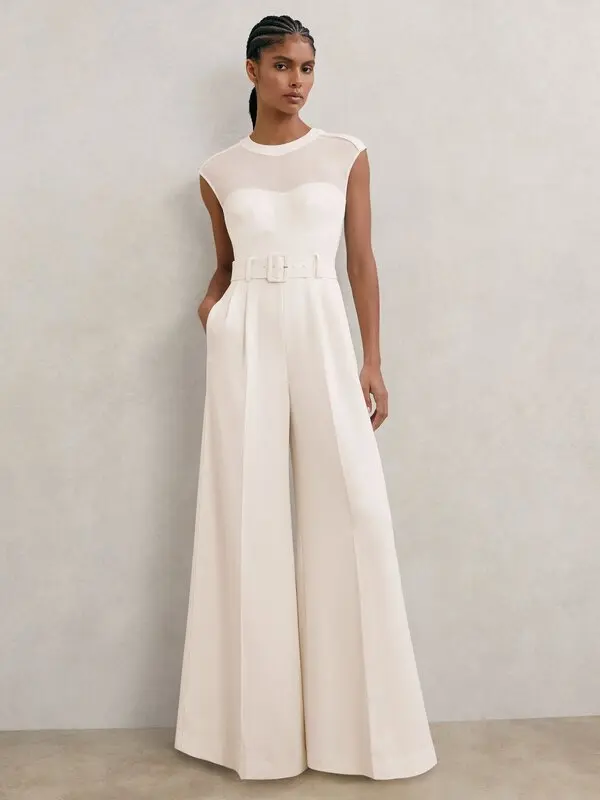REISS Alba Sheer-panel Wide-leg Belted Jumpsuit - Ivory