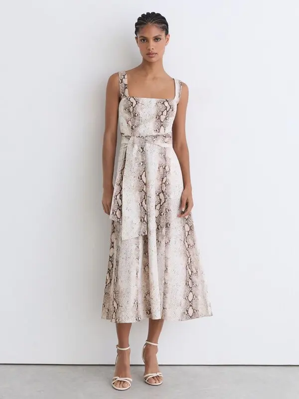 REISS Linen-blend Snake-print Midi Dress - Neutral