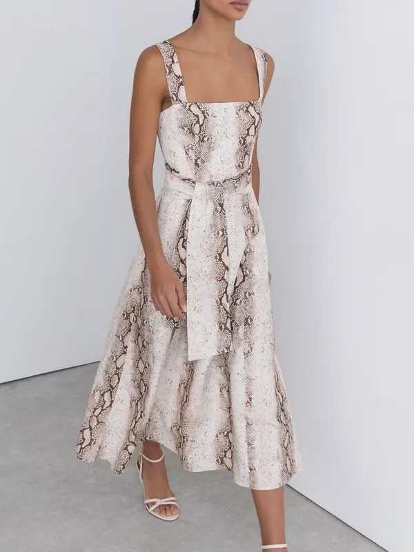 REISS Linen-blend Snake-print Midi Dress - Neutral