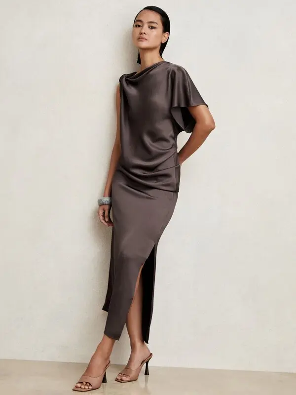 REISS Satin Asymmetric Draped Midi Dress - Dark Grey