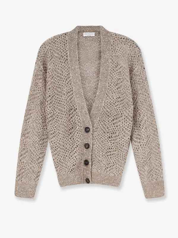 Brunello Cucinelli Mohair Blend Cardigan With Iconic Dazzling Motif - Grey