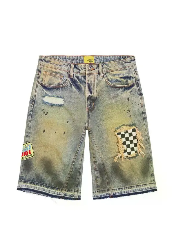 DIET STARTS MONDAY Venice Distressed Patchwork Denim Shorts - Blue