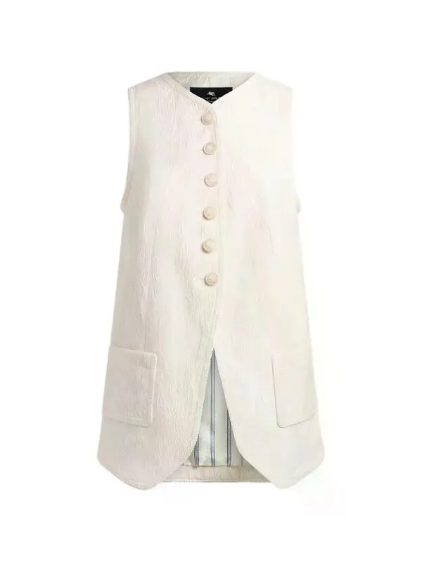 Etro Waistcoat In Stretch Cotton-blend Jacquard With Rebrodé Lace - Neutrals