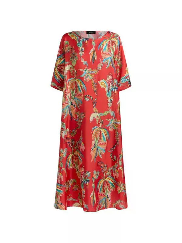 Etro Long Tunic Dress In Silk Twill With Paisley Foliage Motif - Red
