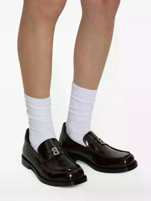 Balenciaga Square Toe Loafers With Metallic B Logo - Brown
