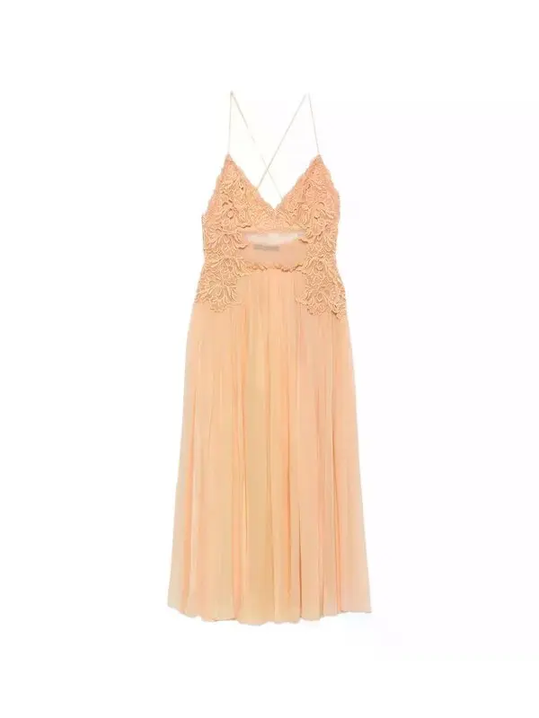 Alberta Ferretti Lace-trimmed Pleated Midi Dress - Neutrals