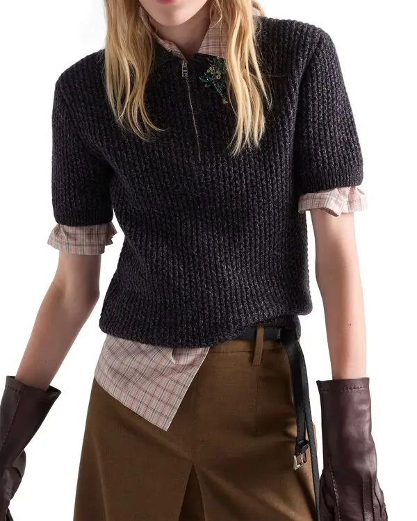 Prada Short-sleeved Wool And Mouliné Cashmere Polo Sweater