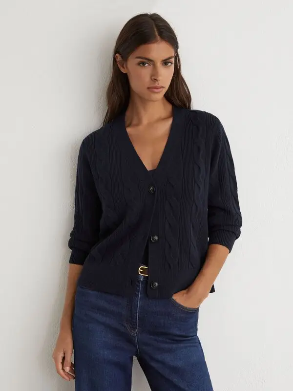 REISS Wool-cashmere Cable-knit Cardigan - Navy